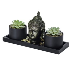 buddha statue & succulent zen garden set- buddha head statue w/ wooden display tray & stones| buddha decor for home decor. beautiful & peaceful. great meditation gifts.