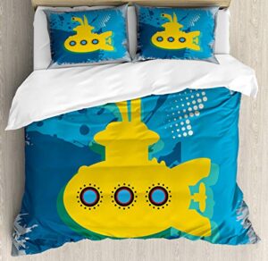 ambesonne yellow submarine duvet cover set, illustration of a submarine bubbles under the sea print, decorative 3 piece bedding set with 2 pillow shams, california king, mustard and petrol blue