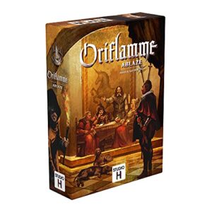 oriflamme ablaze - fiery standalone compatible with the original strategic medieval card game, add new layers of deception and tactics, ages 10+, 3-5 players, 20 minute playtime, made by studio h