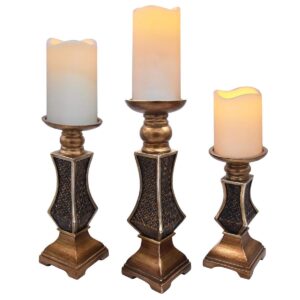 quabuy resin candle holders (set of 3) small 8", medium 10", large 12" (h). ideal for home decorations for living room, dining room table, weldings, parties, special events ( gold )