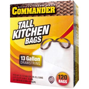 commander 13 gallon 0.78 mil white plastic trash bags unscented - 24" x 27" - pack of 120, for home, kitchen, commercial, & office