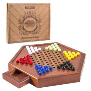 amerous 12.5 inches wooden chinese checkers set with storage drawer - 60 acrylic marbles in 6 colors - 12 bonus spare marbles, classic strategy family board game for kids and adults