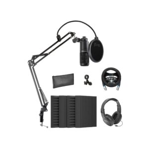 audio-technica at2020 cardioid condenser microphone bundle with blucoil 4-pack of 12 acoustic foam isolation panel wedges, 10' xlr cable, boom arm plus pop filter, and samson sr350 headphones