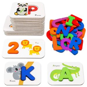 gojmzo number and alphabet flash cards for toddlers 3-5 years, abc montessori educational toys gifts for 3 4 5 year old preschool learning activities, wooden letters animal flashcards puzzle game