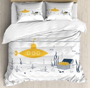 ambesonne yellow submarine duvet cover set, submarine fish and a treasure chest on the sea bottom print, decorative 3 piece bedding set with 2 pillow shams, california king, white and earth yellow