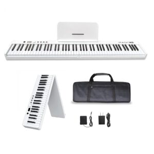 magicon 88 key foldable electronic solid piano can be folded in 180°,more portable. true and pure grand piano sound source by france dream, foot pedal/power adapter/delicate handbag (white)