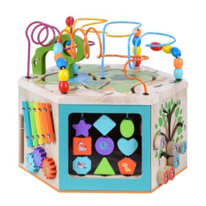 teamson kids preschool play lab 7-in-1 large wooden activity cube station center bead maze and counting for kids baby toys, natural