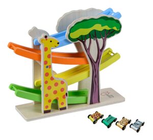 teamson kids preschool play lab wooden safari ramp racer with animal print cars, multicolor