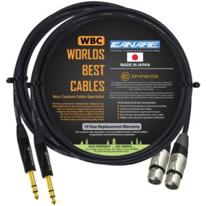 worlds best cables 2 units - 6 foot - canare l-4e6s, star quad balanced xlr to trs patch cable with eminence gold e312 female xlr & e502 trs stereo plugs - custom made