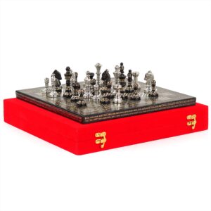 12" solid brass classic black chess set | metal chess pieces with large brass board | beautiful handcrafted set | abstract strategy tactic board games with red velvet storage case