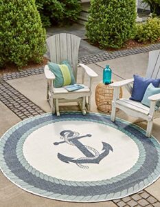 unique loom outdoor coastal collection area rug - anchor (7' round navy blue/light blue)