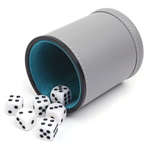 dice felt lined pu leather dice cup with 6 dice, felt lined interior quiet shaker for yahtzee game (gray)