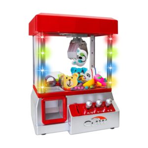 bundaloo claw machine arcade game - electronic mini candy and toy grabber dispenser for kids - with lights sound & 4 mini plush animals (red)