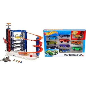 hot wheels super ultimate garage, parking de coches de juguete niños +5 años + pack de 10 vehículos, coches de juguete