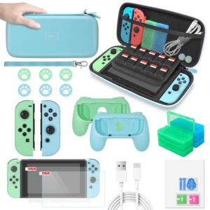 accessories bundle compatible with nintendo switch for animal crossing,26 in 1 accessories kit carrying case,screen protector,handle grips,steering wheels,silicone case,thumb caps for joy con