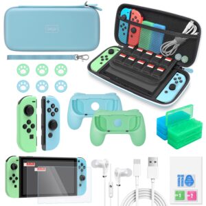 switch accessories bundle for animal crossing - 26 in 1 accessories kit with carrying case, screen protector, handle grips,steering wheel,thumb caps,type-c cable compatible with nintendo switch, blue