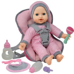 doll travel playset - baby doll car seat carrier backpack with 12 inch soft body doll includes doll bottles and toy accessories … (caucasian)