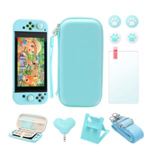 switch animal crossing accessories, switch animal crossing case, green switch case, thumb grips, headset adapter, adjustable stand, screen protector, wrist strap and shoulder strap - green