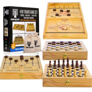 4 in 1 board game set - extra large sling puck game wooden chess board sets, checkers board game for adults nine mens morris | wooden chess set string puck game & checkers game for kids