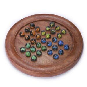 ajuny classic solitaire - handcrafted wooden board game with 4-color marbles, vintage indian design - ideal for family fun & home decor