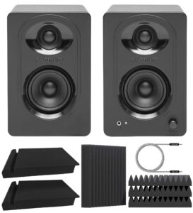 samson mediaone m30 3" powered studio monitors with 3.5mm outputs (pair) bundle with blucoil acoustic isolation pads (2-pack), 12" acoustic wedges (4-pack), and 5' audio aux cable