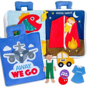 curious columbus quiet book. away we go activity busy book. montessori toy for toddlers. educational toy for toddlers, preschool and early learning. toddler airplane travel essentials travel toys