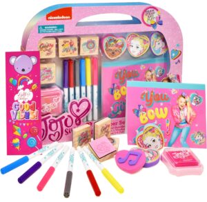 jojosiaw coloring stamper and activity set, mess free craft kit for toddlers and kids, drawing art supplies included markers, sketch book, ink pad, gb bookmark, 3 foam and 4 wooden stampers for girls