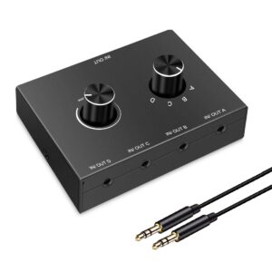 4 port audio switch, 3.5mm audio switcher, stereo aux audio selector, 4 input 1 output / 1 input 4 output audio splitter switcher, audio switcher box, 4 channel switch knob, no external power required