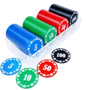 lynkaye plastic poker chips set of 100 pcs with storage box,denomination printed casino style chip for texas home game holdem poker nights,blackjack,roulette games