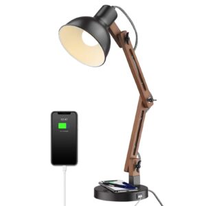 elyona sapele wood desk lamp with wireless charging & usb port, swing arm, led bedside table lamp for bedroom, adjustable reading task lights for dorm, office, living room, 5w bulb included, black