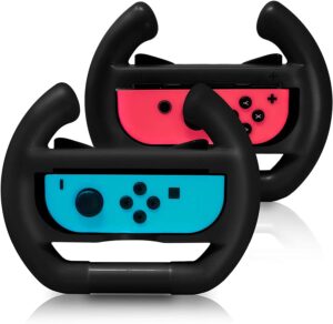 eimgo 2 x steering wheels for nintendo switch joy-con racing game controller attachments handle grips set (flat-bottom, black)