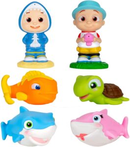 cocomelon water squirter toys for pool & bath, 6-pack - officially licensed - jj, baby shark, turtle, fish figure playset - easter basket stuffer gift for toddlers, preschoolers, kids - 18mo+