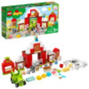 lego duplo town barn, tractor & farm animal care 10952 playset with people figures and cute pony, pig, dog, sheep, cow, calf, rooster and chicken toys; great learning toy, new 2021 (97 pieces)