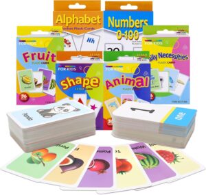 conzy flash cards for toddlers 3 4 5 6 years, sets of 6 - abc alphabet, number, shape and color, fruit, animal, necessities - great value pack first words flash cards for kindergarten or preschool