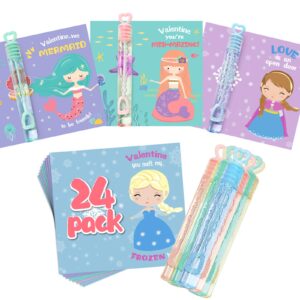 valentines day gifts for kids - valentines day cards for kids - mermaid princess valentine card bubble wands 24 pack - valentine's day bubbles party favors toys for girls school classroom exchange