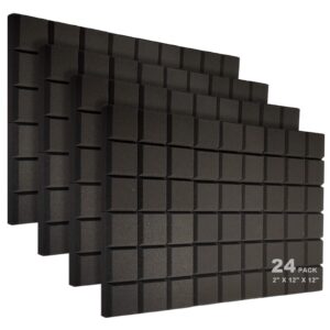 jber 24 pack 2" x 12" x 12" acoustic foam panels,soundproofing wall studio foam panels wedges,sound insulation absorbing acoustic treatment,9 blocks beveled square fireproof design - black