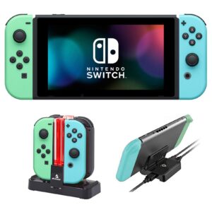 nintendo 2020 switch family christmas holiday bundle - animal crossing: new horizons edition + nexigo_joy-con and pro controllers charging dock + console charging station bundle