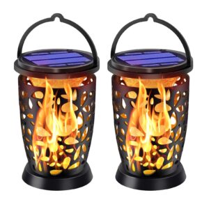 ollivage upgrade hanging solar lanterns outdoor flickering flame solar torches lights waterproof landscape lighting solar powered led flame umbrella lights for garden patio yard pathway deck, 2p