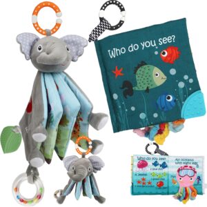 fish crinkle books & elephant baby rattle toys for newborn babies infants toddlers 0-6, 6-12 and 12-18 months, books for 1-2 year old