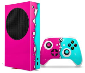 wraptorskinz skin decal vinyl wrap compatible with the xbox series s console and controller ripped colors hot pink neon teal (gaming console not included)