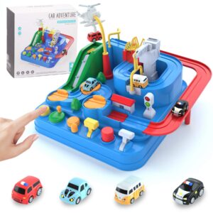 car adventure toys for 3 4 5 6 7 8 year old boys girls, race tracks toy for boys with 4 toy vehicle, preschool educational toy car for boys, interactive classic toys vehicle, blue