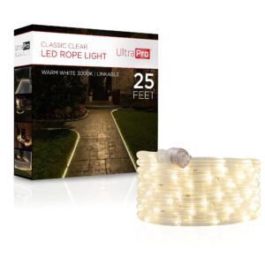 ultrapro led rope lights, 25ft classic clear rope, warm white light 3000k, indoor/outdoor, flexible, linkable, durable, rope lights outdoor, 54504