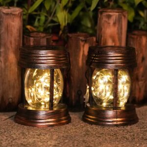 solar lantern vintage decorative solar hanging lantern outdoor lamp waterproof led warm light bronze lampshade copper landscape lighting for garden yard gate front door festival decor 2pcs