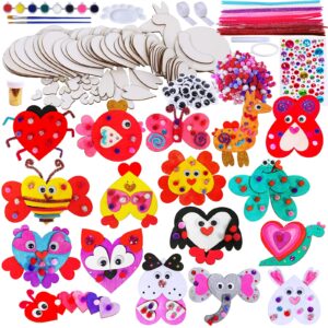 17 sets valentine wood painting craft kits wooden heart animal ornaments art sets diy wood heart dog cat butterfly fish bee owl dog llama creativity decorations for kids valentine spring party favors