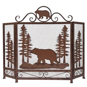 bestgiftever 3-panel fireplace screen decorative with bear alone in the forest - stand alone fireplace cover metal mesh screen - home decorative firescreen for cabin, wildlife, and woodland theme