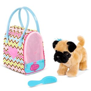 pucci pups terra by battat by battat – toy pet carrier – plush puppy in toy purse – dog stuffed animal – zigzag print bag with pug pup – 3 years + (st8366z)