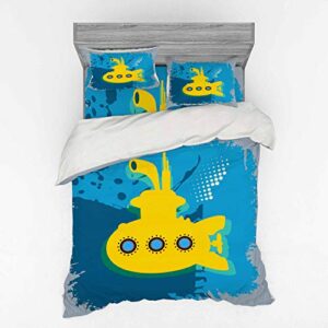 ambesonne yellow submarine bedding set, illustration of a submarine bubbles under the sea print, 4 piece duvet cover set with shams and fitted sheet, california king, mustard and petrol blue