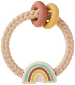 itzy ritzy silicone teether with rattle; rattle teether features rattle sound, two silicone teething rings and raised texture to soothe gums; ages 3 months and up (neutral rainbow)