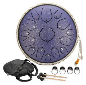 steel tongue drums 15 notes tank drum 14 inch d key high carbon harmonic hand pan, handpan drum with rope decoration and mallets, for meditation, yoga and zen (color : purple)