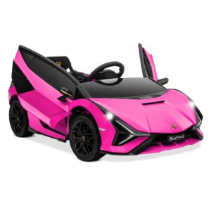 kidzone kids electric ride on 12v licensed lamborghini sian roadster battery powered sports car toy with 2 speeds, parent control, sound system, led headlights & hydraulic doors - pink